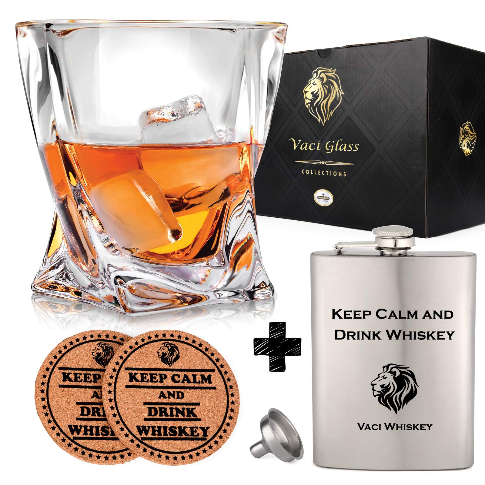 Vaci Crystal Whiskey Glasses – Set of 2 Bourbon Glasses, Tumblers for Drinking Scotch, Cognac, Irish Whisky, Large 10oz Premium Lead-Free with Stainless Steel Flasks, Cups, Luxury Gift Box