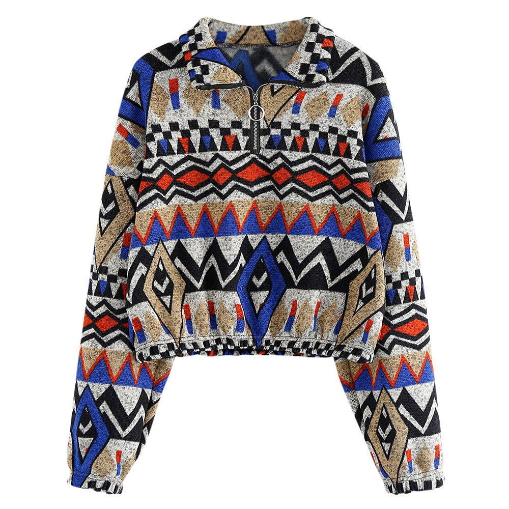 ZAFUL Women's Fashion Long Sleeve Lapel Half Zip Plain Faux Fur Sweatshirt Solid Color Crop Pullover Tops (S, Blue+red-Ethnic Print)