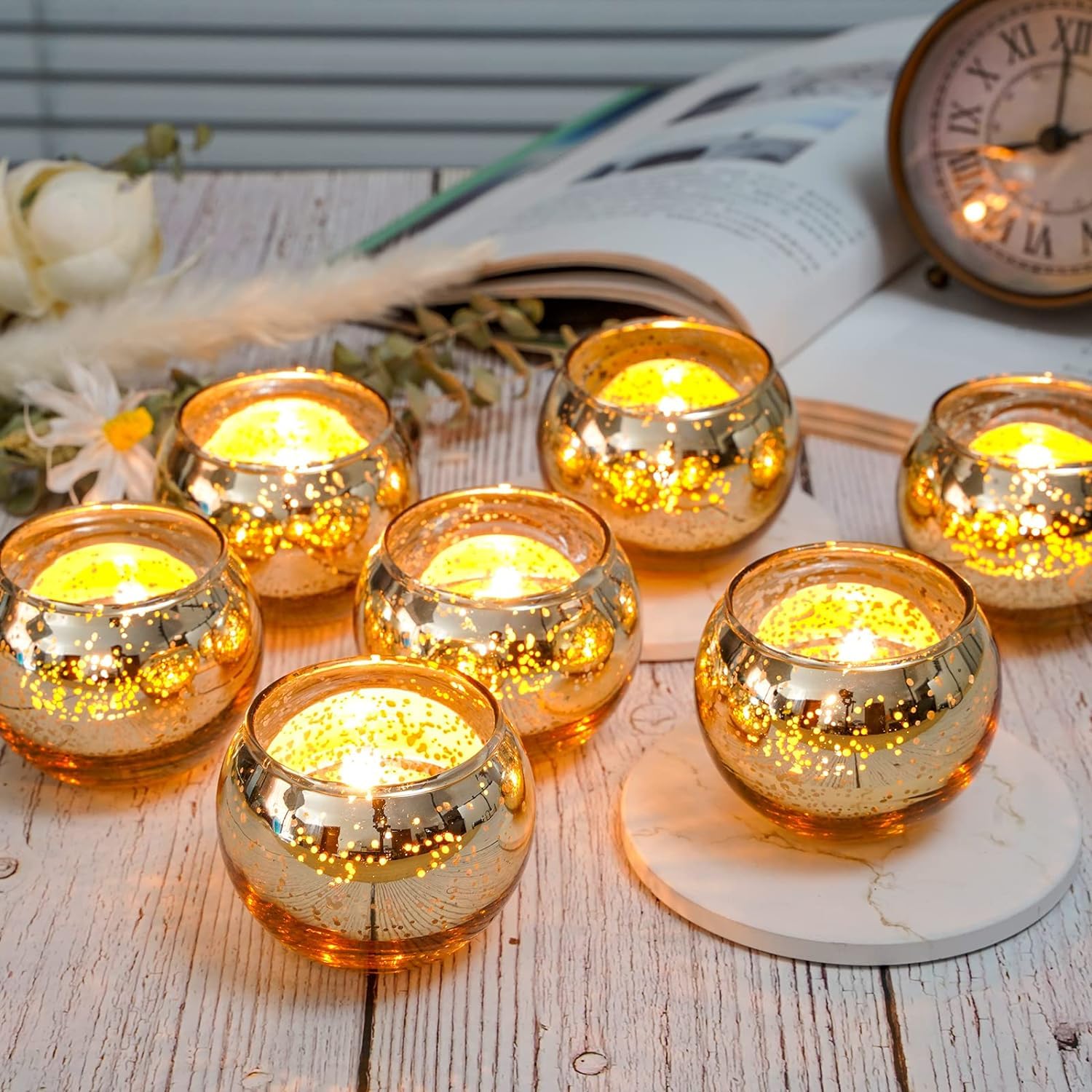 Tebery 12 Pack Round Gold Votive Candle Holders, 2-Inch Glass Tealight Candle Holder for Table Centerpiece, Wedding Decoration, Party, and Home Decor