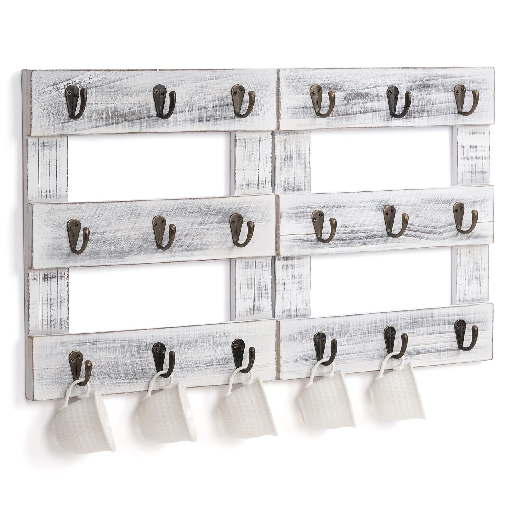 TRSPCWR Wood Coffee Mug Holder Stand 18 Hooks, Foldable Wall Mounted Cups Rack Organizer, Holder Rack for Coffee Station, Kitchen Storage and Home (Vintage White)