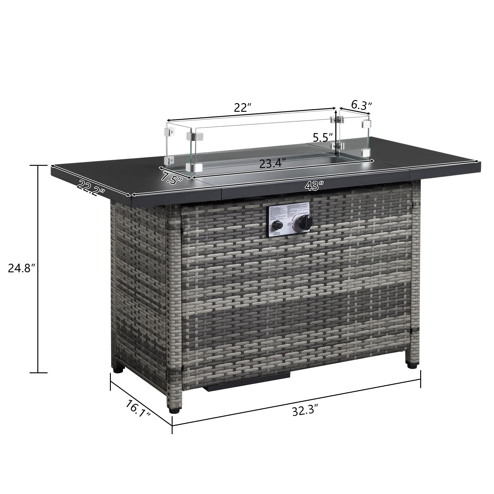 Propane Fire Pit Table, Outdoor Gas Fire Pit Rectangle 50000 BTU, 43 Inch Fire Table for Outside Patio with Auto Ignition, Aluminum Tabletop, Glass Wind Guard, Cover, Beige Wicker