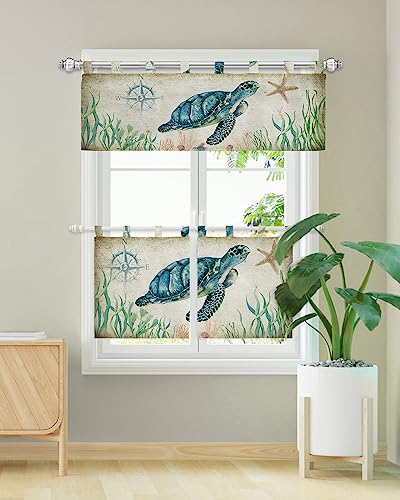 Tab Top Curtain Valance and Tiers Set,Underwater World Turtle Starfish Compass Light Filtering Kitchen Curtains Valances,Ocean Creature Seagrass Nautical Cafe Window Treatment Drapes for Bedroom