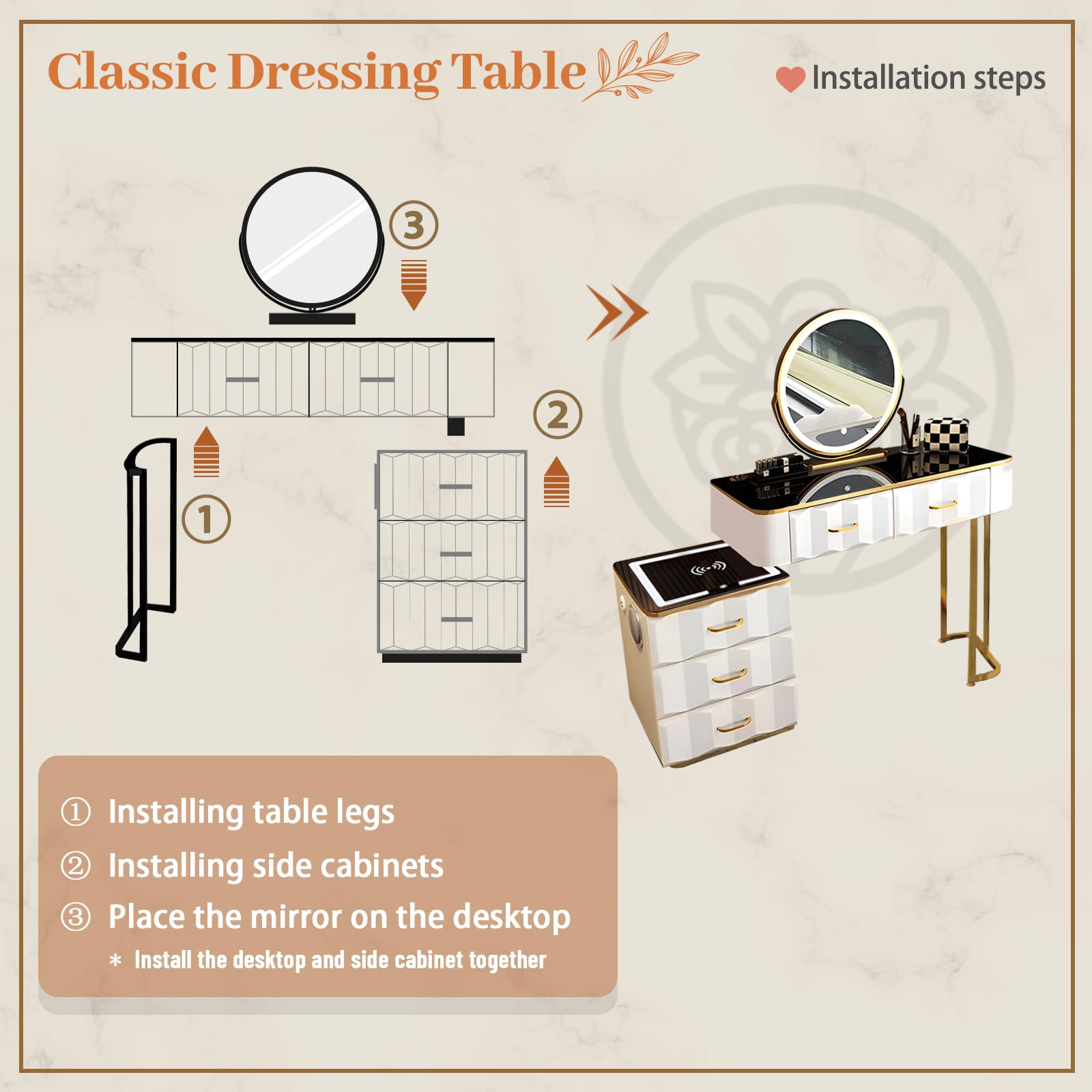 REDVOIU Vanity Set-Smart Vanity Desk with Bluetooth Speaker and Wireless Charging Station ,Mirror with Led Lights,5 Solid Wood Drawers,Include Vanity Chair (Petal Chair, White100CM/39.4IN)