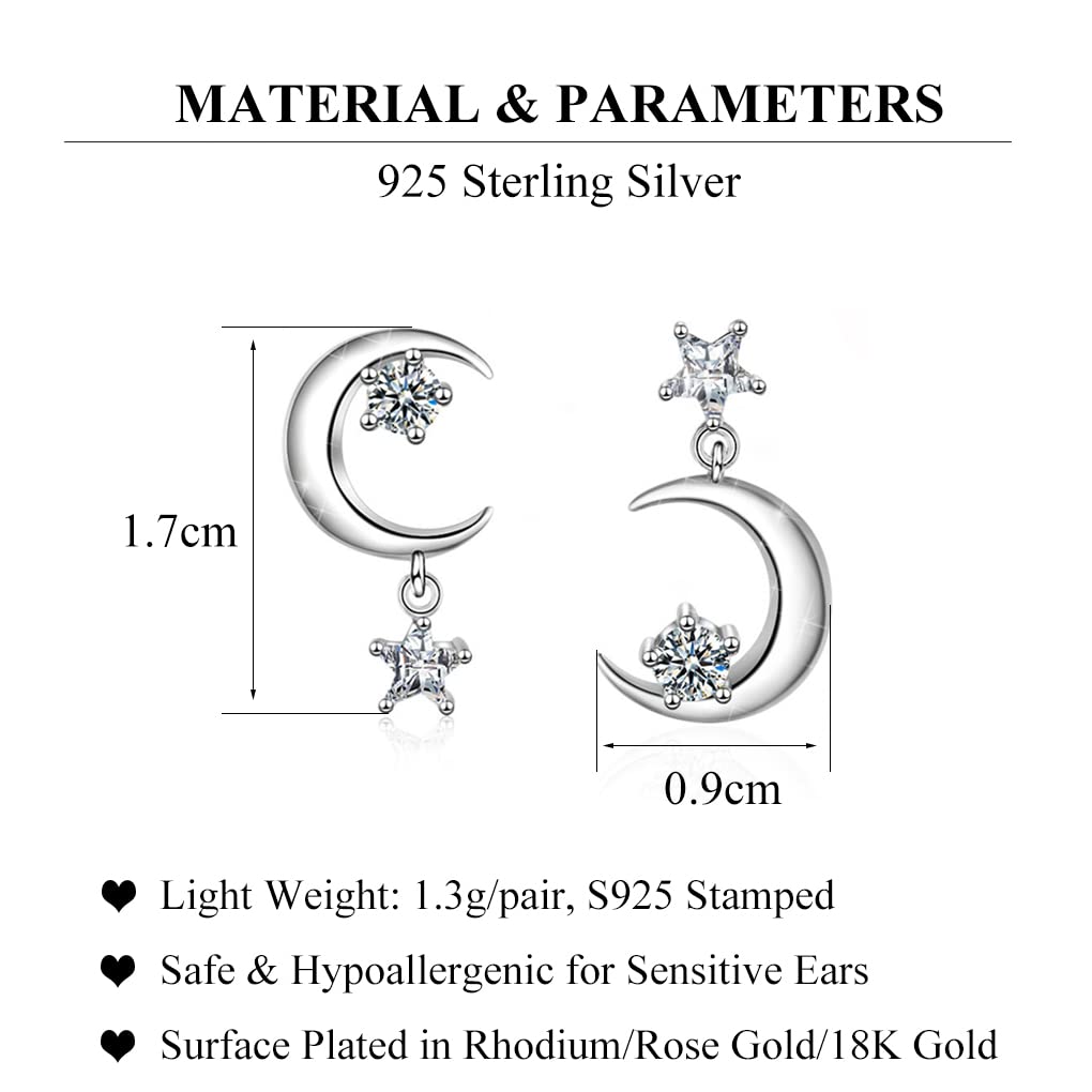 SLUYNZ 925 Sterling Silver CZ Crystal Star Moon Studs Earrings for Women Sparkling Asymmetric Studs Earrings (Star Moon Earrings)