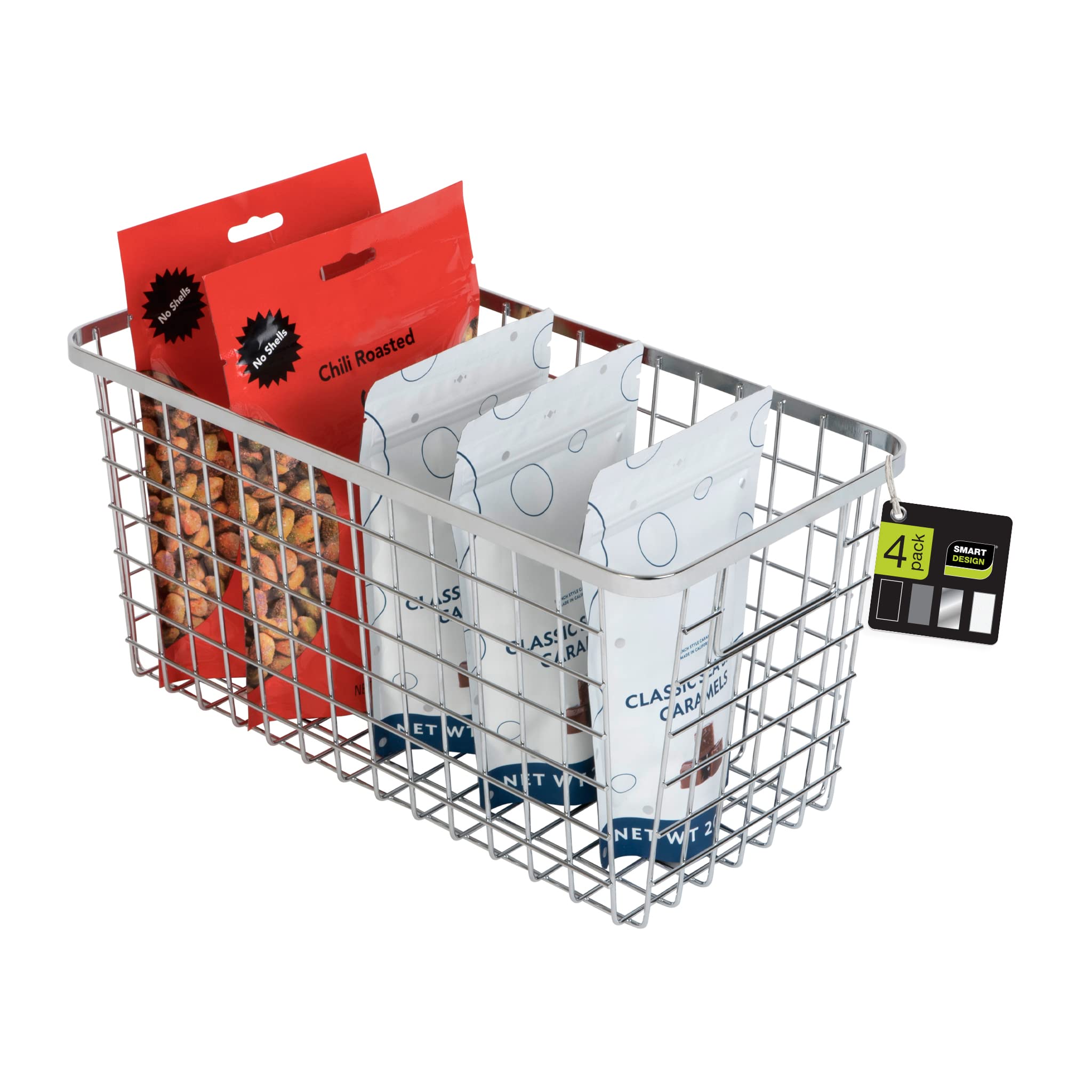 Smart Design Nestable Basket Organizer with Handles - Storage Bins for Kitchen, Pantry, Laundry, Bathroom, and Garage - Steel - 6 x 12 x 6 - Chrome - Set of 4