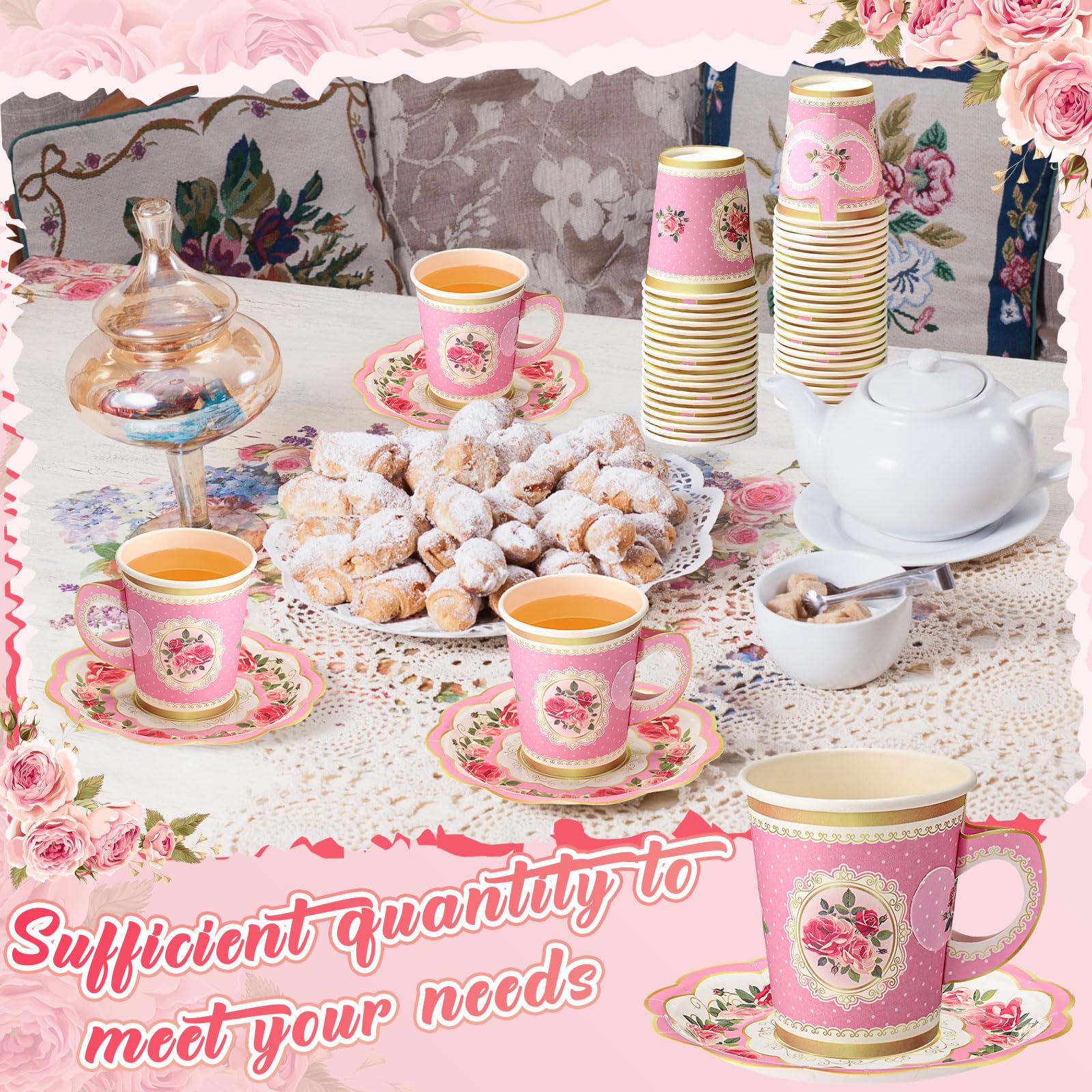 Tioncy 100 Pcs Tea Party Decorations Include 50 Pieces 9 oz Floral Paper Tea Cups with Handle and 50 Plates Disposable Blossom Teacups and Saucers Sets for Girls Birthday (Floral)