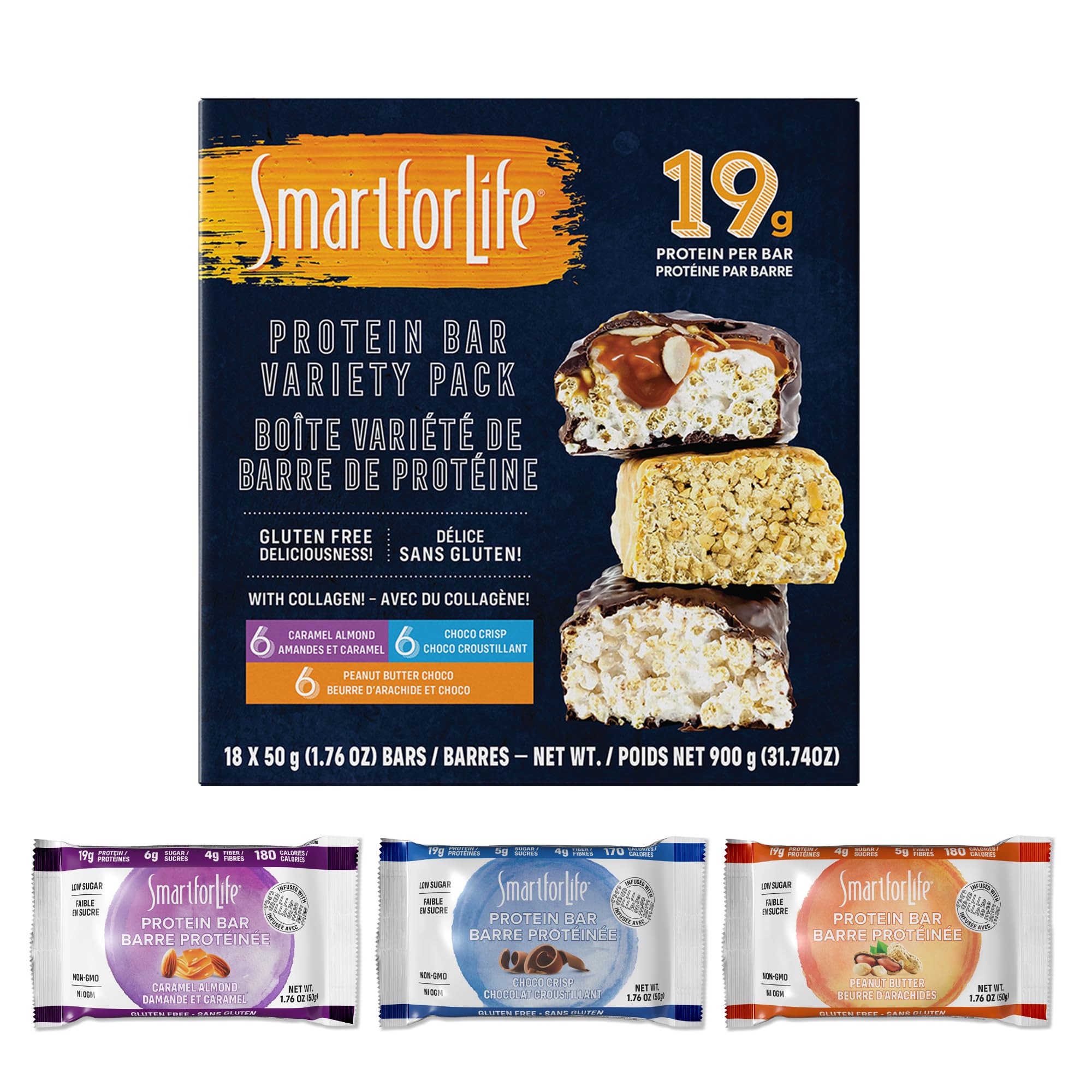 Smart for Life - High Protein, Low Sugar Bar Variety Pack, Gluten Free Caramel Almond, Chocolate & Peanut Butter Chocolate Crunchy Meal Replacement Bars Works with Cookie Diet Non-GMO 18ct
