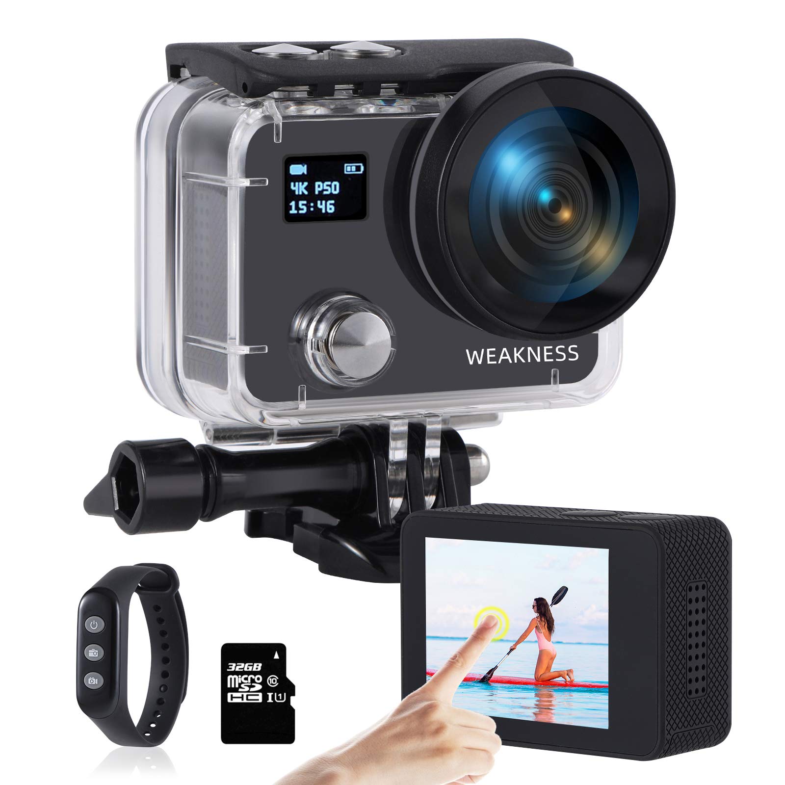 WEAKNESS Action Camera 4K 50FPS 24MP Underwater Camera Waterproof 131ft Touch Screen Sport Camera Support External Mic Remote Control with 32GB Micro SD Card, Black, 60mm*42mm*29mm