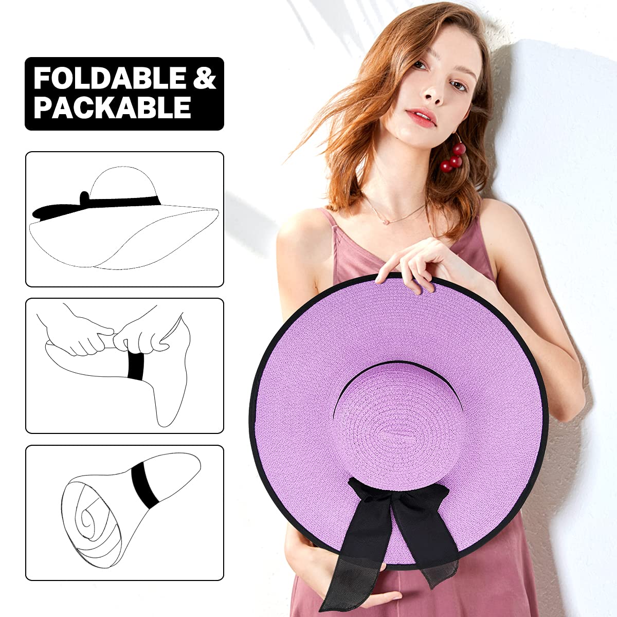 Womens Sun Straw Hat Wide Brim UPF 50 Summer Hat Foldable Sun Hats Foldable Roll up Floppy Beach Hats for Women (Purple)