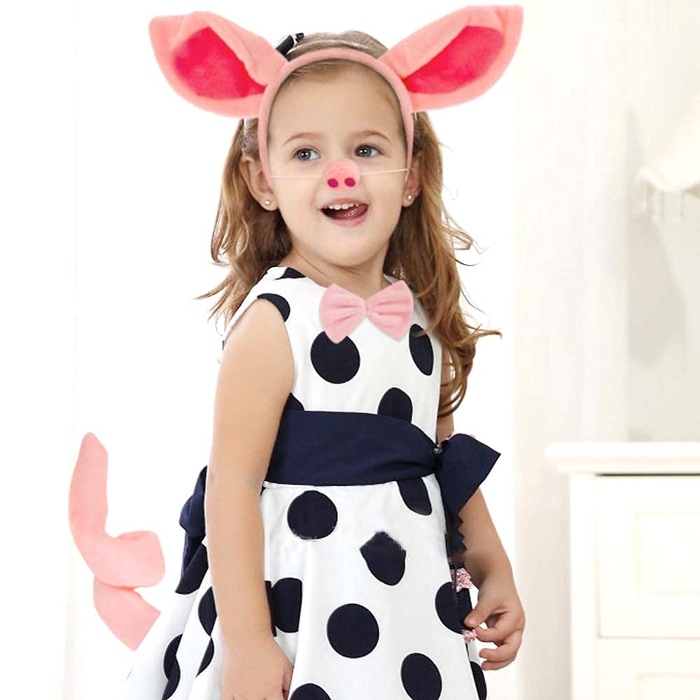 Vbcdgfg 4Pcs Pig Costume Set Pig Ears Headband Pig Tail Nose Bow Tie Pig for Party Decoration Pink