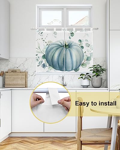 Tab Top Window Curtain,Fall Thanksgiving Blue Pumpkin Eucalyptus Leaves Tier Curtains Panels Kitchen Valance 2 Drapes,Farm Plant White Light Filtering Window Treatment for Bathroom Bedroom Cafe