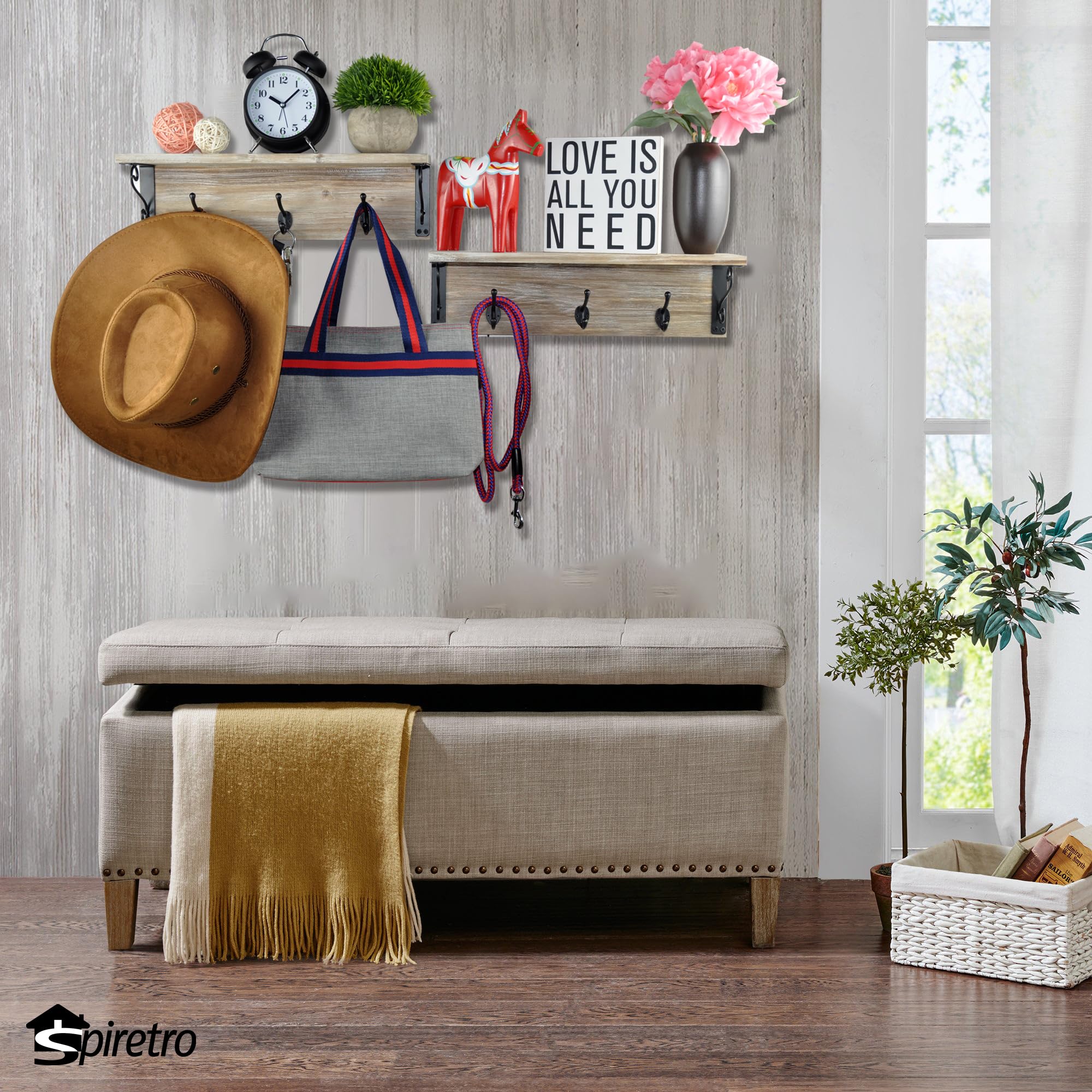 Spiretro Coat Hook Rack with Shelf, Wall Floating Shelves with Leash Key Holder, Hat Bag Organize, Storage, Decorative for Entryway, Hallway, Bedroom, Set of 2, Rustic Wood White