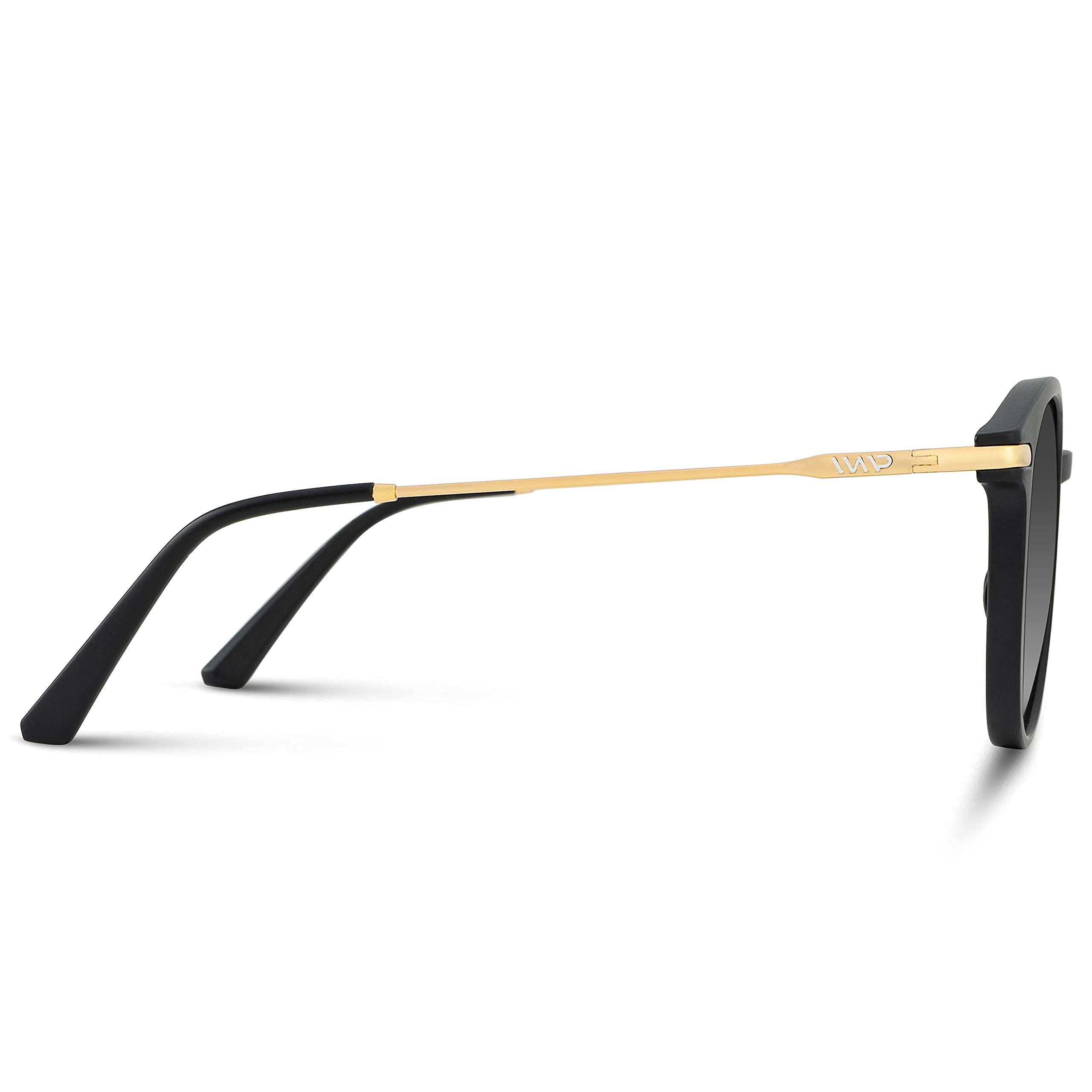 WearMe Pro - Women's Round Sunglasses with Modern Metal Temple (Black-Gold Frame/Black Lens)