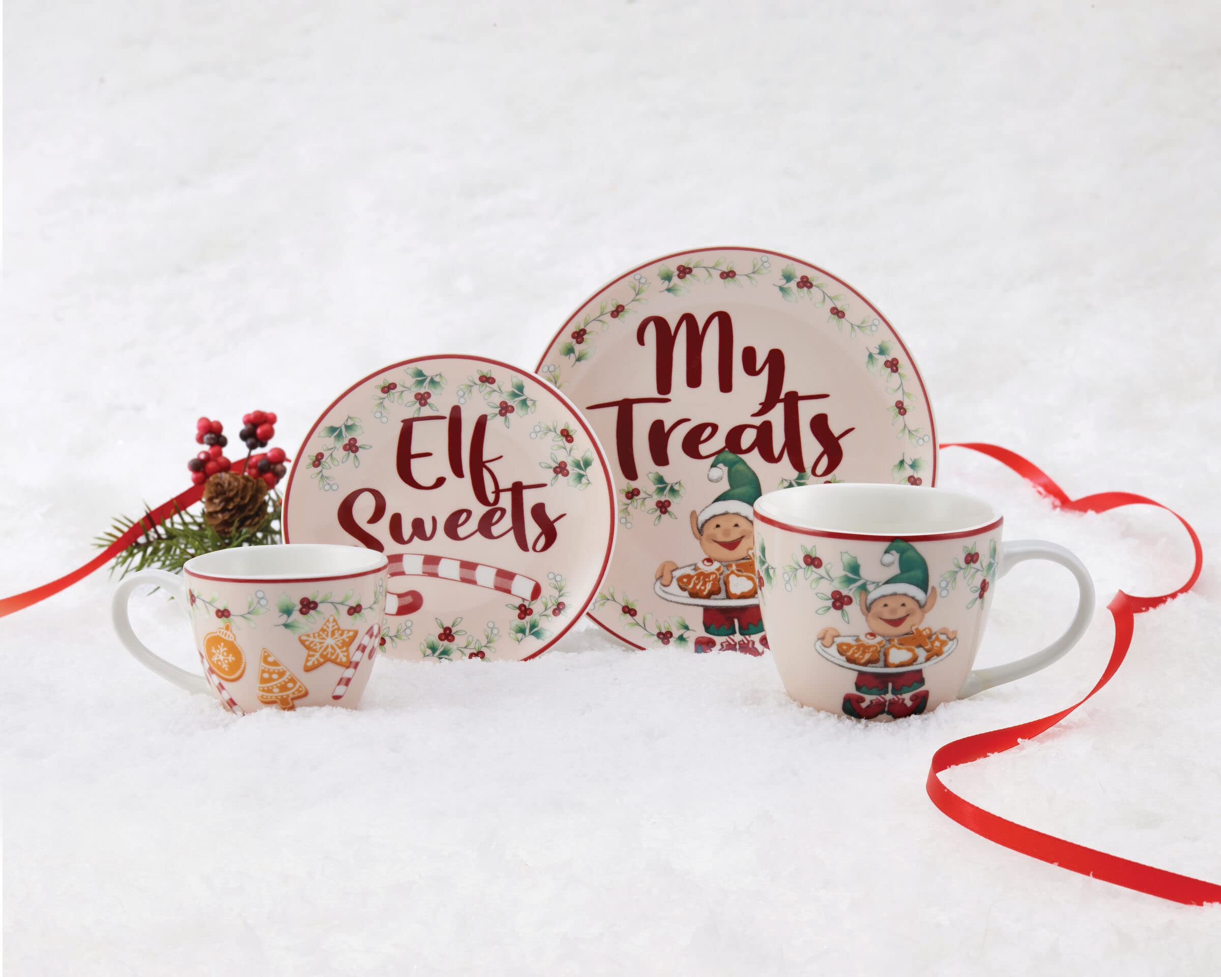 Pfaltzgraff Winterberry Elf Holiday Mug and Cookie Plate Child Gift Set, 4 Piece Set