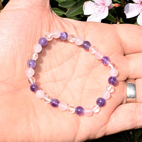 Zenergy Gems Charged Natural Amethyst + Clear Quartz + Rose Quartz 6mm Bead Bracelet + Selenite Charging Heart [Included]