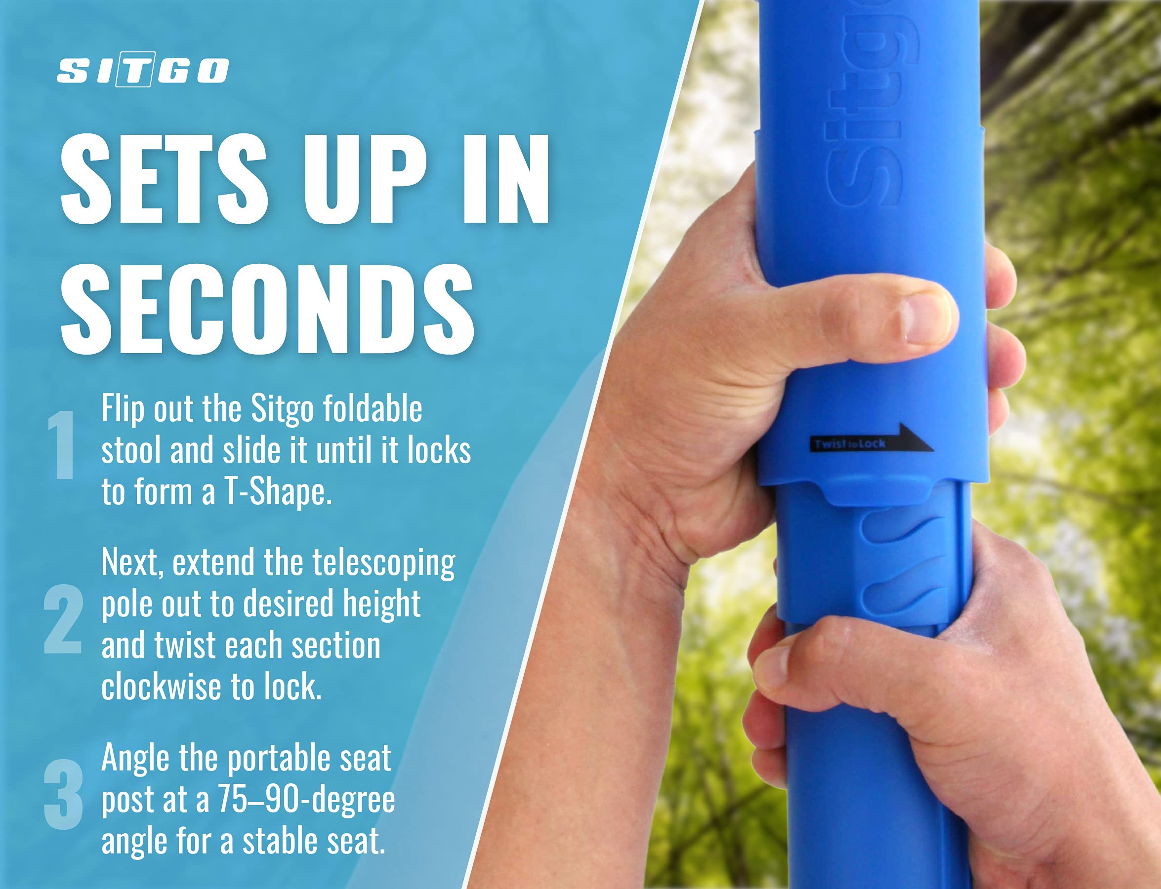 SITGO Portable Travel Stool - A Compact Collapsible Stool with a Telescoping Neck to Adjust Seating Height & Supports Up to 300lbs - Perfect Folding Stool for Festivals, Travel, and Office - Blue