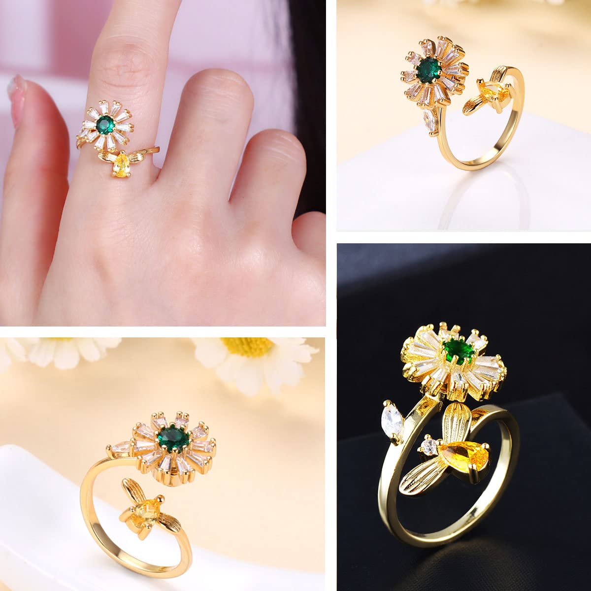 yfstyle Fidget Anxiety Rings for Women Adjustable Open Ring Set Cubic Zirconia Sunflower Spinner Ring Gift for Valentine's Day-gold 3pcs
