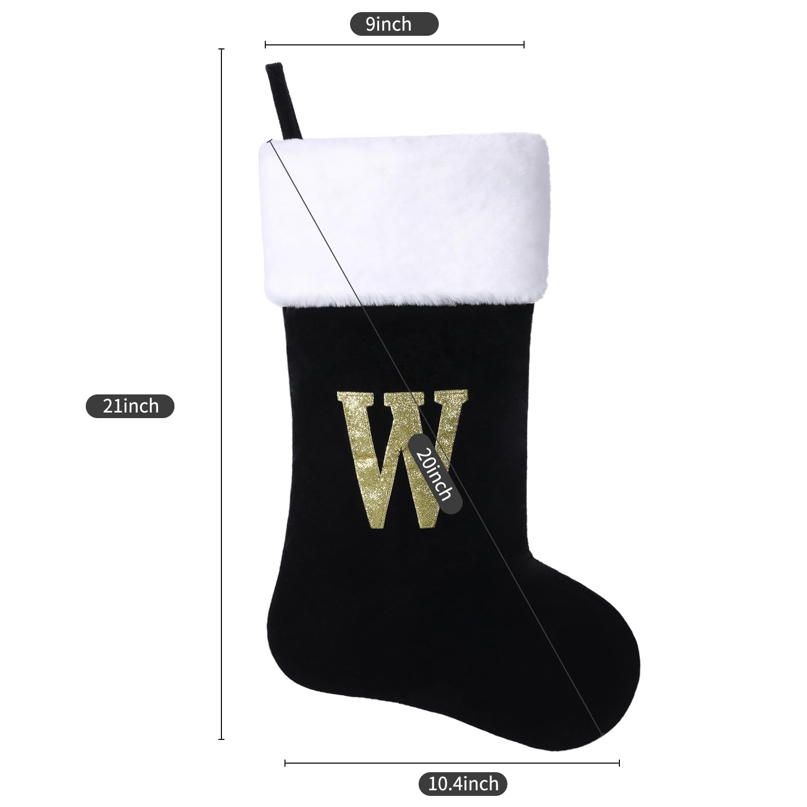 Yehnois 20 Inches Initial Monogram Christmas Stocking Personalized,Deluxe Black Velvet Body with Super Soft Plush Cuff Embroidered Letter,Holiday Season Decor(E)