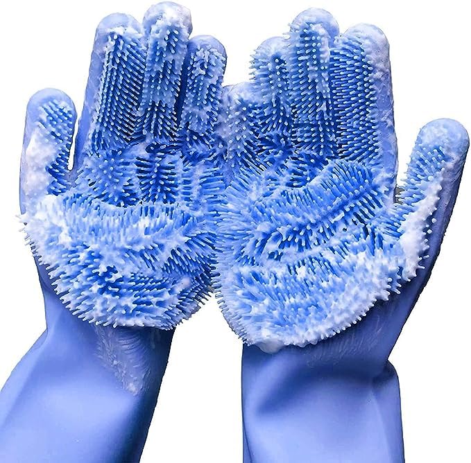 Silicone Glove Silicone Dishwashing Gloves Rubber Gloves Sponge Cleaning Brush for Dish Housework Kitchen Cars (blue)…
