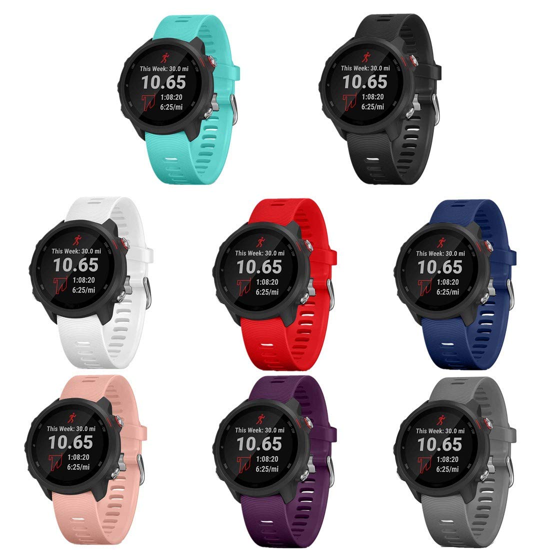 TECKMICO 8PCS bands Compatible with Garmin Forerunner 245/645,20mm Soft Silicone Replacement bands for Garmin Forerunner 245/645 GPS Running Watch,NO Tracker(8-Pack, Buckle Design)