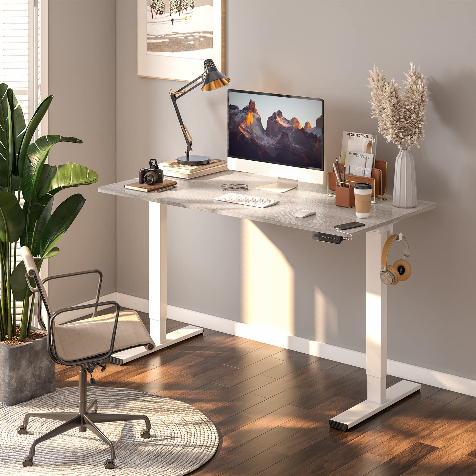 SANODESK Standing Desk Adjustable Height, 48x24 Inch Electric Standing Desk with Headphone Hook, Stand up Desk for Home Office Computer Desk,Handset with 4 Memory Presets and Charging Ports
