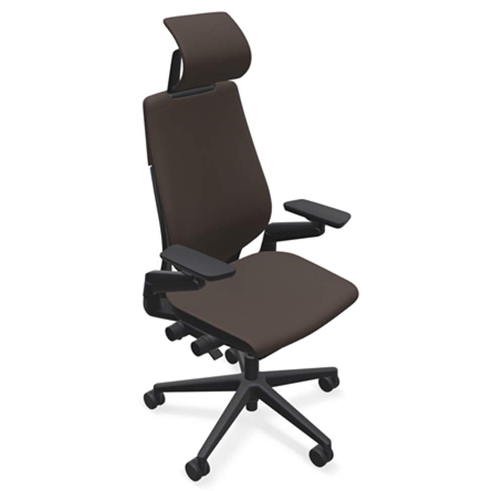 Steelcase Gesture Office Desk Chair with Headrest in Elmosoft Genuine Espresso L133 Leather Plus Lumbar Support Low Black Frame
