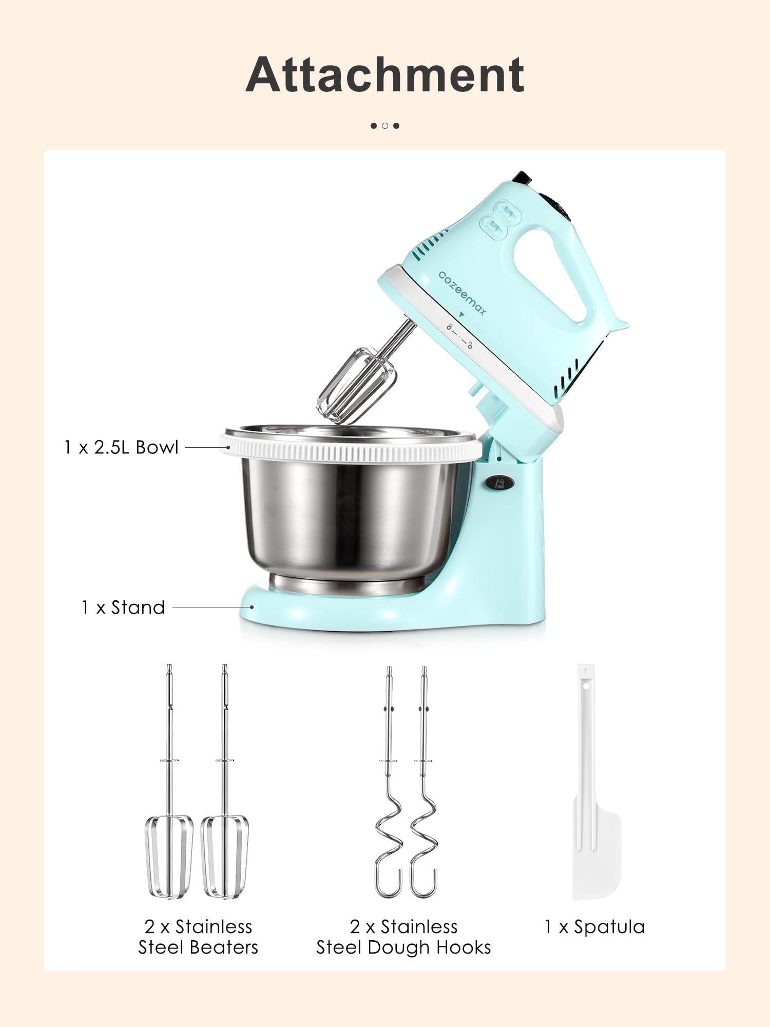 Stand Mixer, Cozeemax 8 Speeds Electric Dough Mixer with 5Qaurt Stainless Steel Bowl and Splash Guard, Kitchen Mixer - Includes Beater, Dough Hook & Whisk