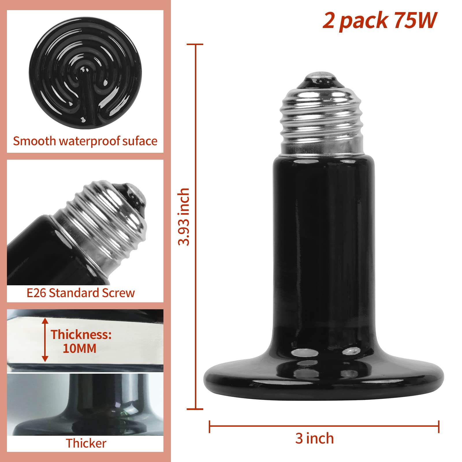 REPTI HOME 75W Ceramic Heat Emitter (2 Pack), Reptile Heat Lamp Bulbs, Ceramic Heater for Amphibian, Pet Brooder Coop, Chicken, Dog, Cat