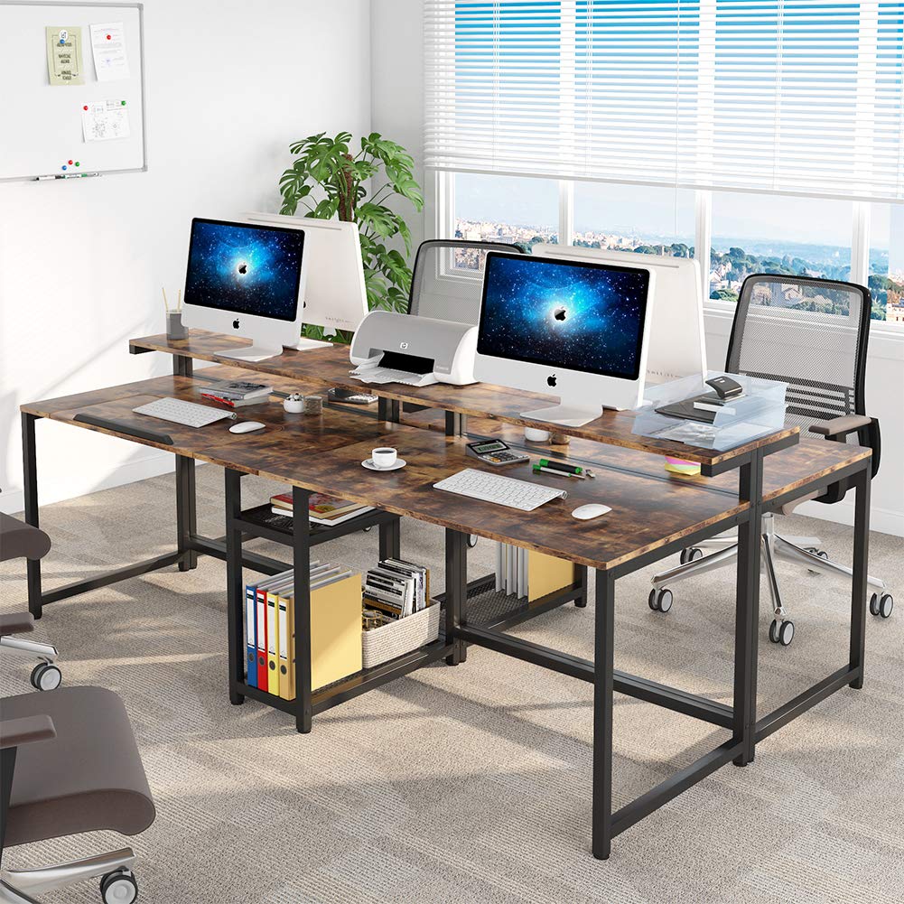TIYASE 78.7 inch Double Computer Desk with Storage Shelves, Extra Long Two Person Desk with Hutch, Double Workstation Home Office Desk Writing Table with Tiltable Tabletop and Monitor Stand(Rustic)
