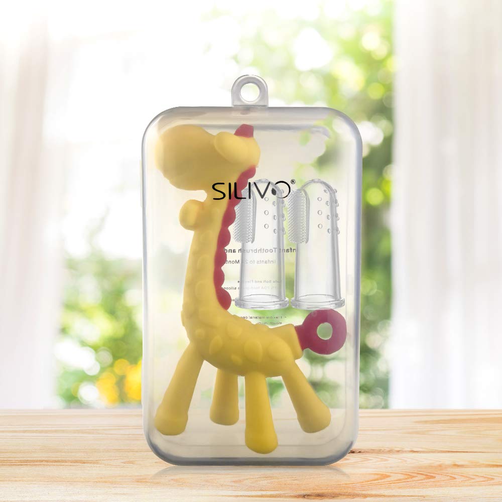 SILIVO Baby Teether with Finger Toothbrush - 3 in Pack - 1x Silicone Infant Training Giraffe Teether Toy + 2X Finger Toothbrushes with Storage Case