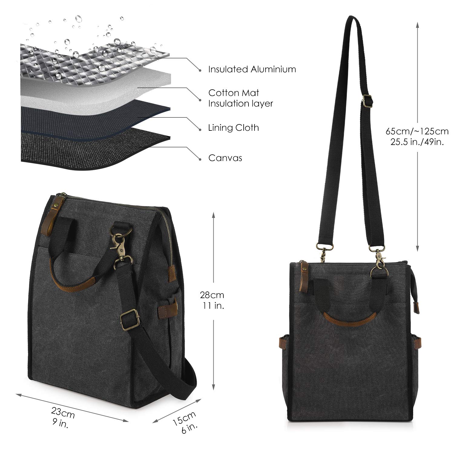 SMRITI Insulated Canvas Lunch Bag for Women/Men-9.6 L Reusable Leakproof Lunch Tote Bag for Work Picnic Beach - Fashion Lunchbox for Adults with Shoulder Strap(Dark Grey)