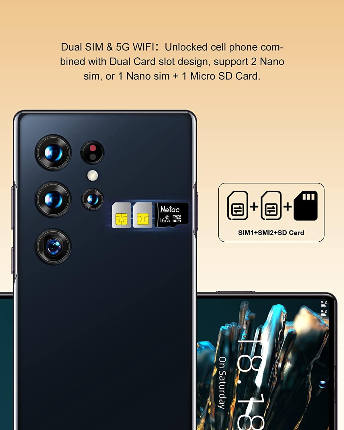 SANSHREUNI C21 Unlocked Smartphone, 6+256GB Android 13 Unlocked Phone, 6.8" HD+ 3088 x 1440 Resolution Cell Phone, Octa-Core CPU, 24+64MP Camera, 6000mAh Battery, Face ID/Dual SIM 5G Phone