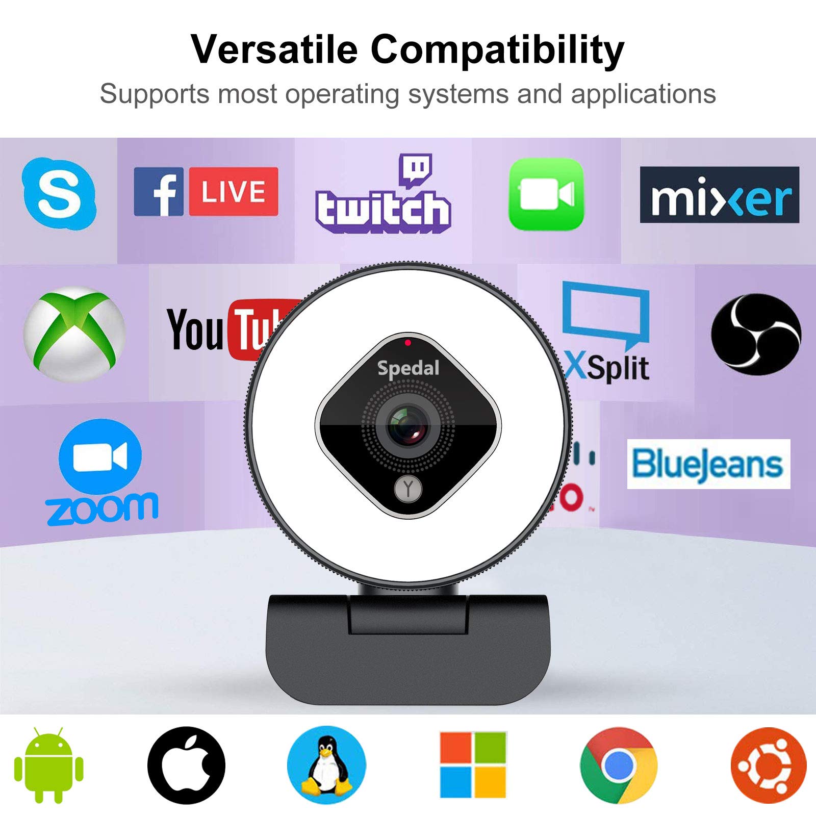 Spedal 1080P Webcam, Webcam with Microphone and Ring Light, HD Web Cam for Desktop PC Laptop, Web Camera with Tripod, Autofocus Streaming Camera for Gaming Online Learning Google Meet