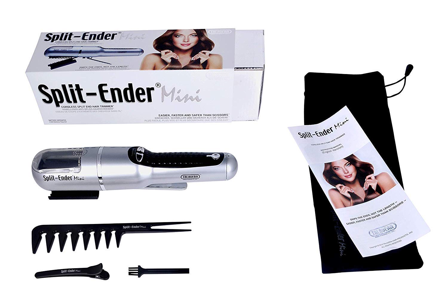 Split-Ender Mini - The Original Cordless Split End Hair Trimmer Automatic 3 AAA Battery Home Care Clipper 2-in-1 for Dry Damaged Splitting Broken Brittle Straight Curly Frizzy Beauty Styling - Silver