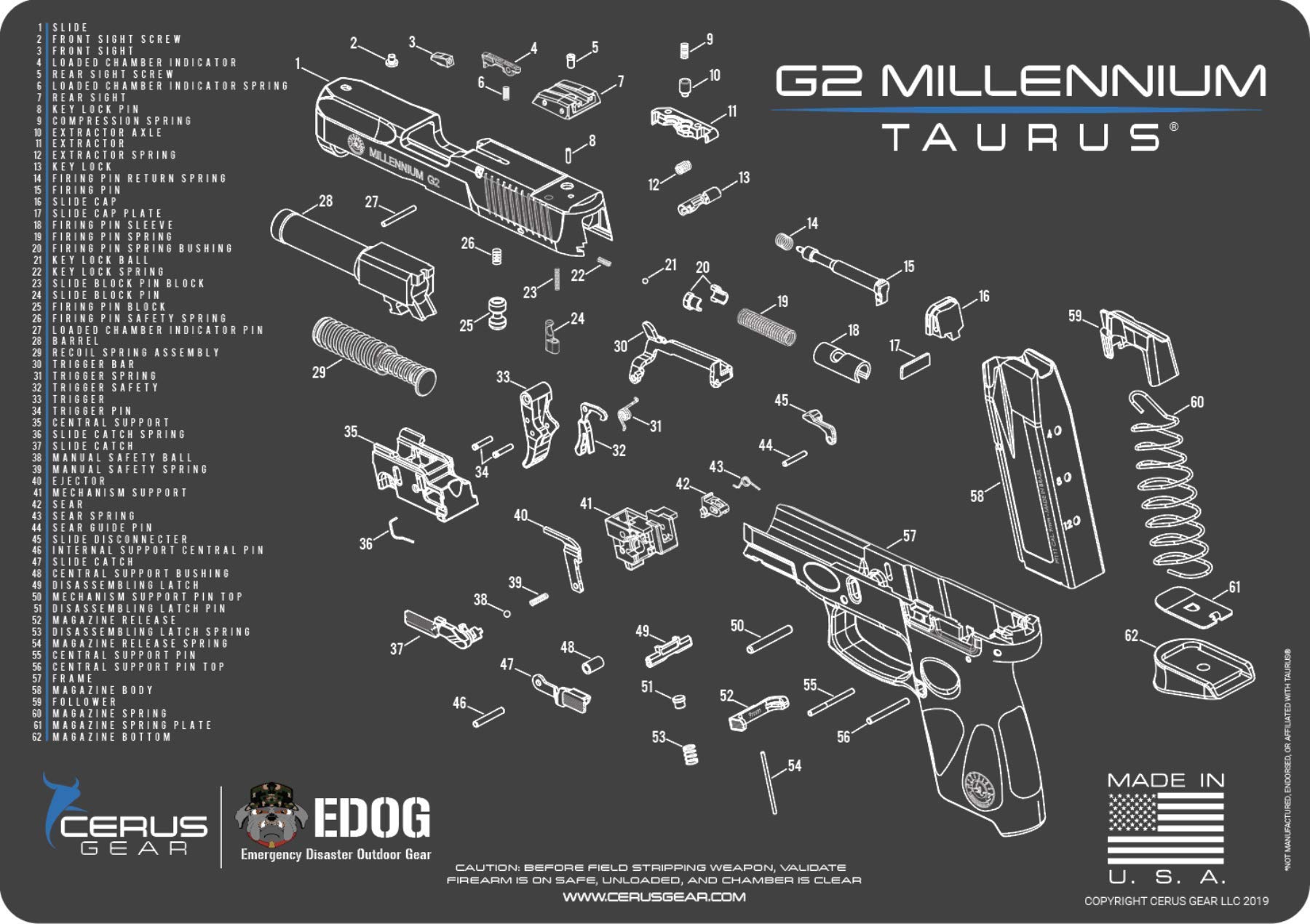 Taurus G2 5 PC EDOG Cerus Gear Schematic (Exploded View) Heavy Duty Pistol Cleaning 12x17 Padded Gun-Work Surface Protector Mat Solvent & Oil Resistant & 3 PC Cleaning Essentials & Clenzoil