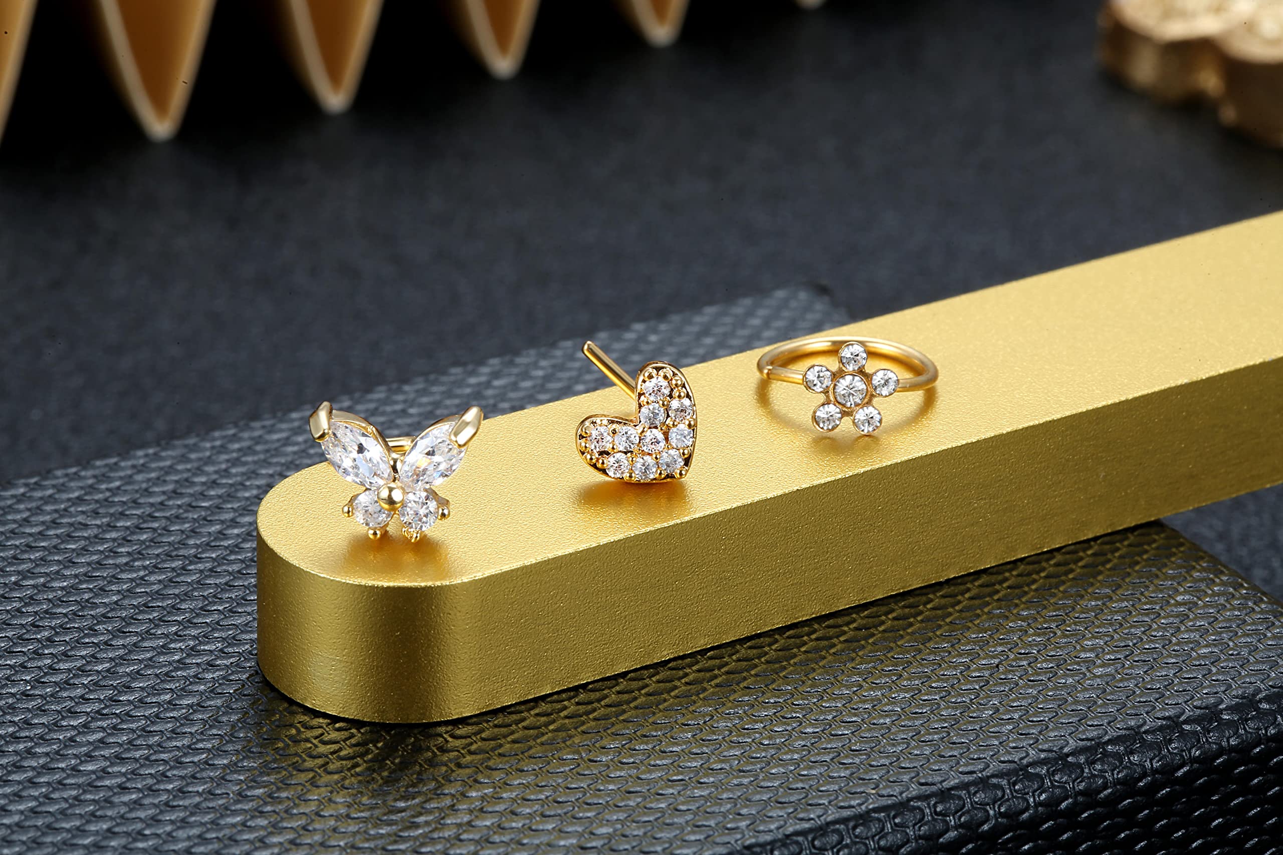 Zankulas Nose Piercings Jewelry Studs Flower Nose Ring L Shaped with Heart Butterfly Elements 20G Gold, Green