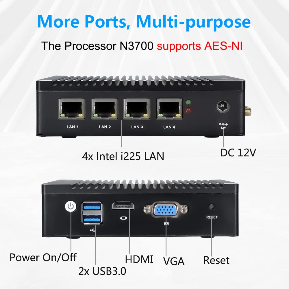 VNOPN Micro Firewall Appliance Intel N3700 Quad Core, Fanless Mini PC 4 Intel 2.5GbE i225 LAN Ports 8GB RAM DDR3 128GB mSATA SSD, Network Gateway Soft Router PC, Support AES NI/WiFi