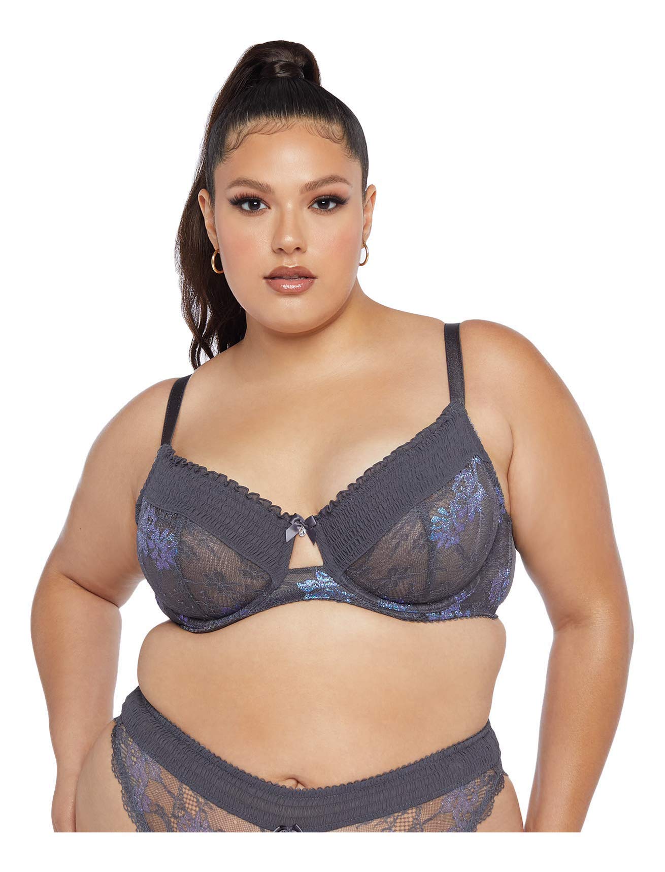 Savage X Fenty, Women's, Curvy Living In The Clouds Iridescent Lace Unlined Bra, Blackened Pearl, 40DD