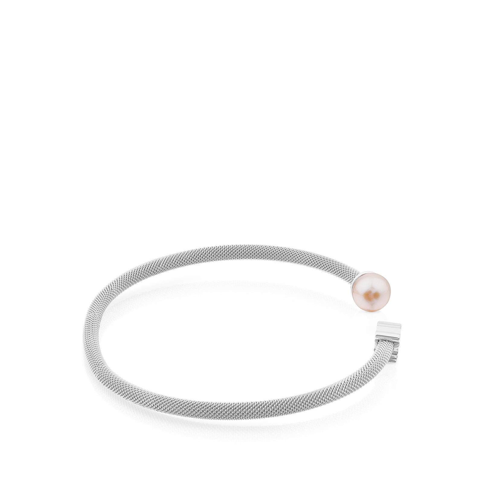 TOUS Icon Mesh 925 Silver Bangle Bracelet with White Chinese-Freshwater-Cultured Pearl 6.5-7.0 mm