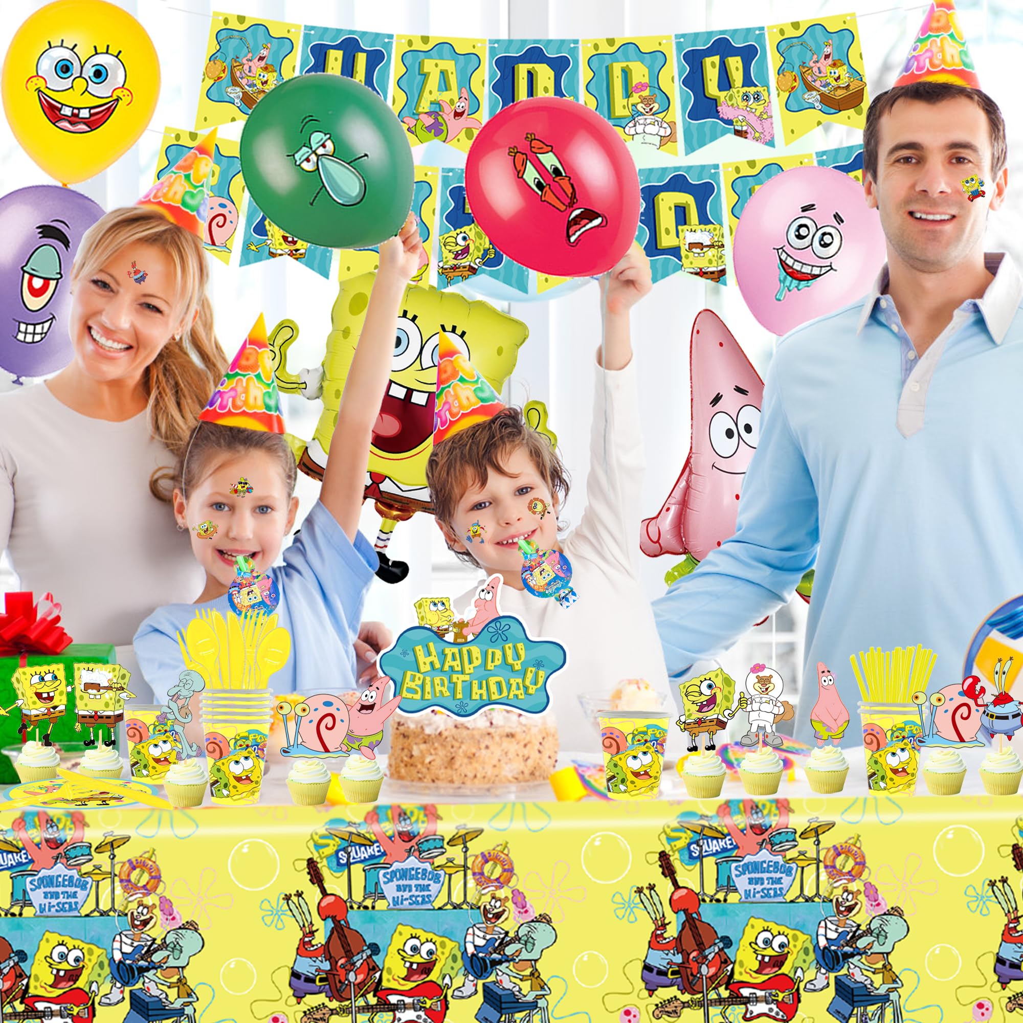 Sponge Theme Birthday Party Supplies, Birthday Decorations includes Happy Birthday Banner, Backdrop, Balloon, Cake Topper, Tableware, Napkins, Stickers