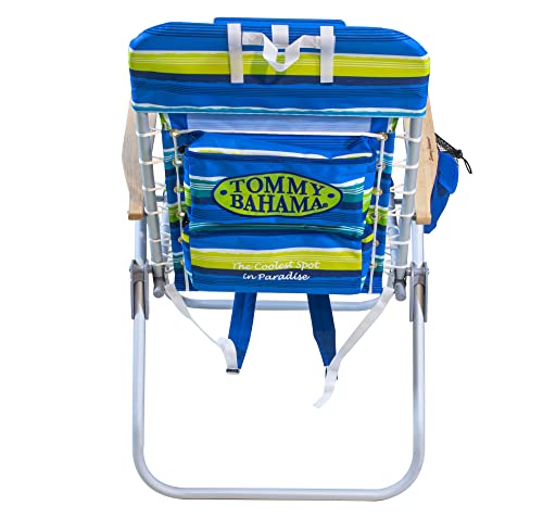 Tommy Bahama Hi-Boy 17" Seat Height 4-Position Lace-Up Suspension Folding Beach Backpack Chair, 1-Pack, Green and Blue Stripe