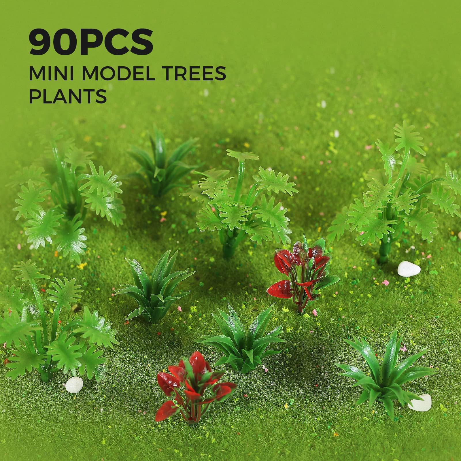 Yetaha 90 Pcs Mini Model Trees Plants, Miniature Plants Green Shrubs Bush Model Artificial Plants for Train Scenery Railway Sand Architecture Craft DIY Landscape Dollhouse Cake Topper Decor