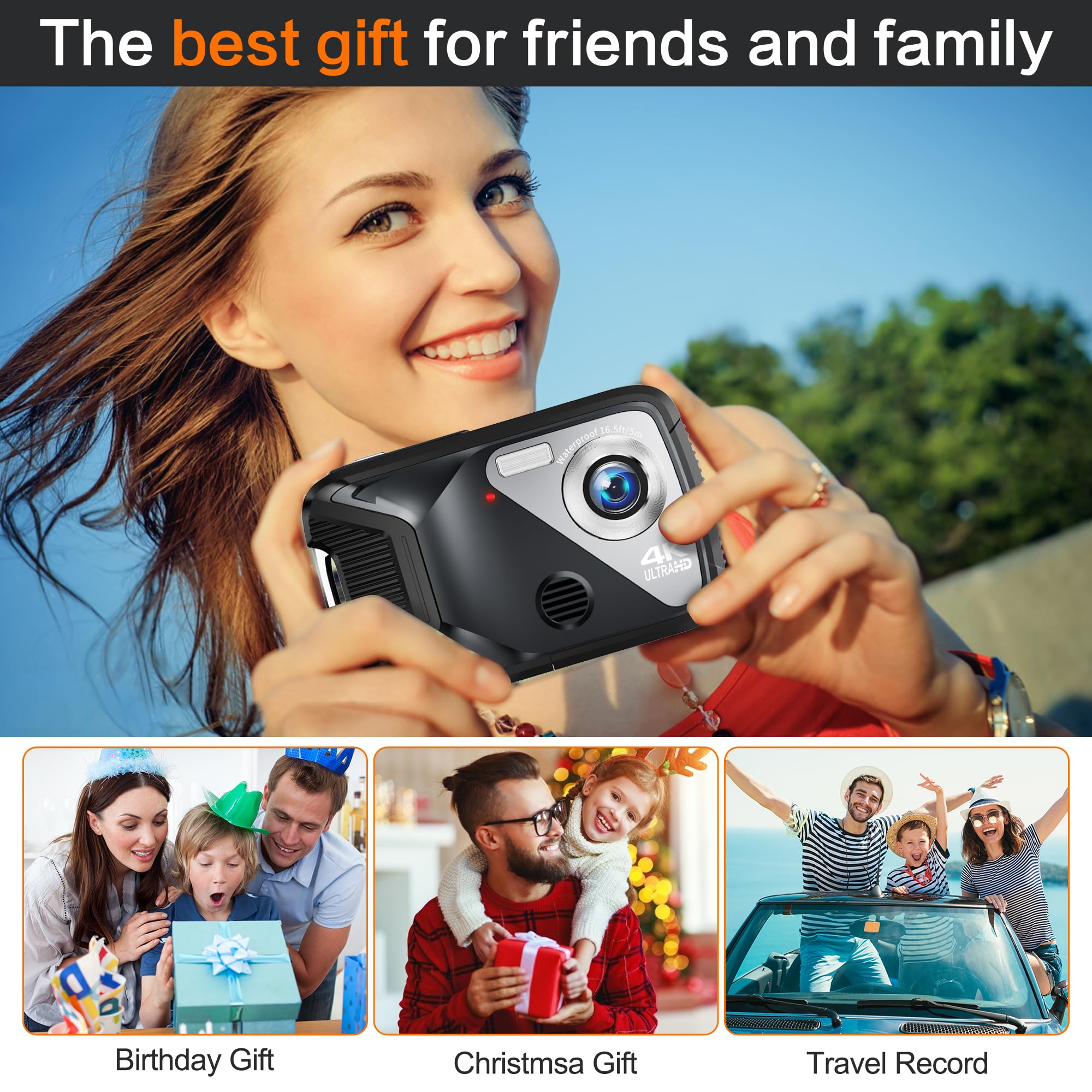 Waterproof Digital Camera, FHD 2.7K Compact Digital Camera for Kids Support 4K 48MP Digital Camera with 32GB Card Point and Shoot Camera Portable Camera for Teens Students Boys Girls Seniors
