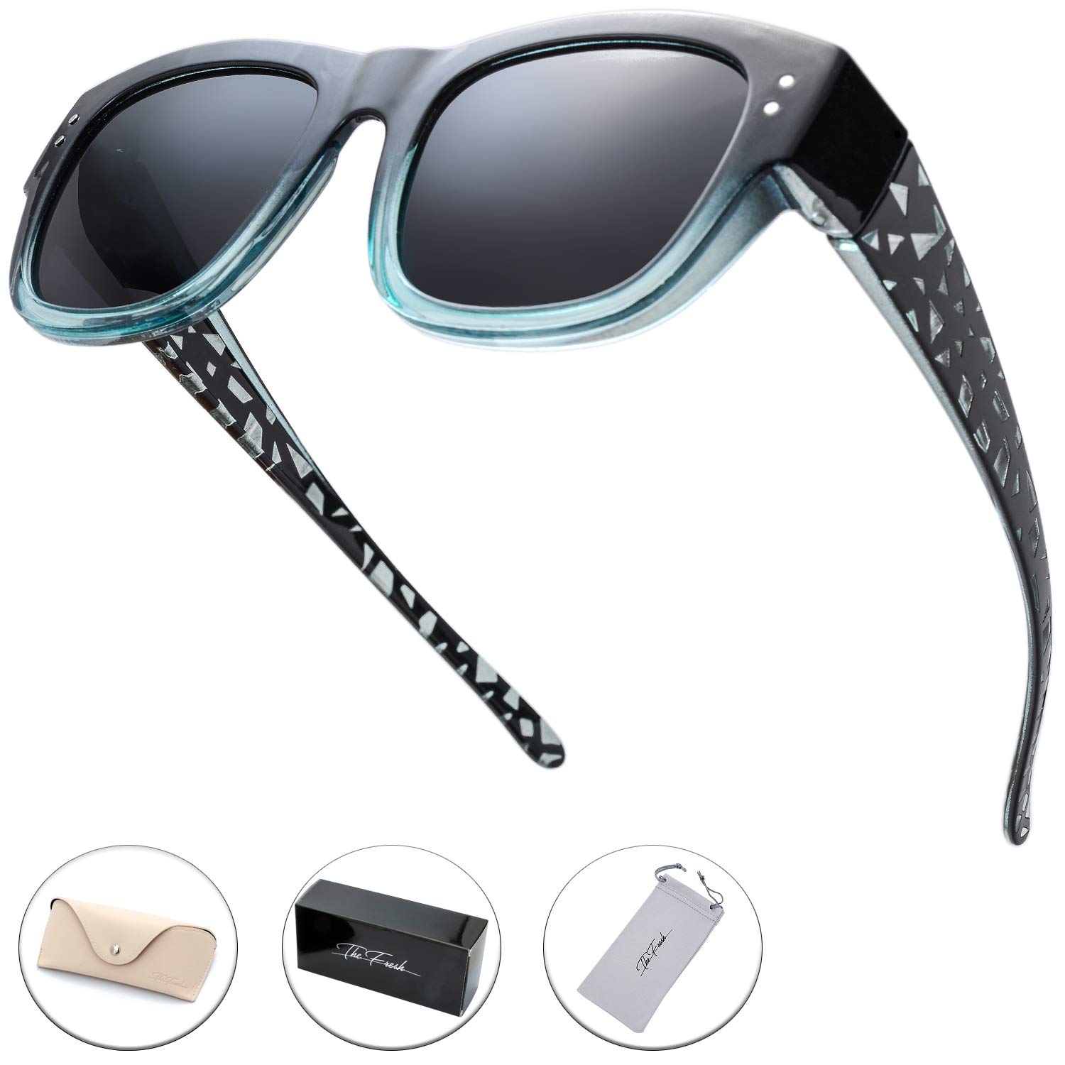 The Fresh High Definition Polarized Wrap Around Shield Oversized Sunglasses for for Large Prescription Glasses - Gift Box Package (F613-Crystal Black/Blue for Large Glasses, Grey)