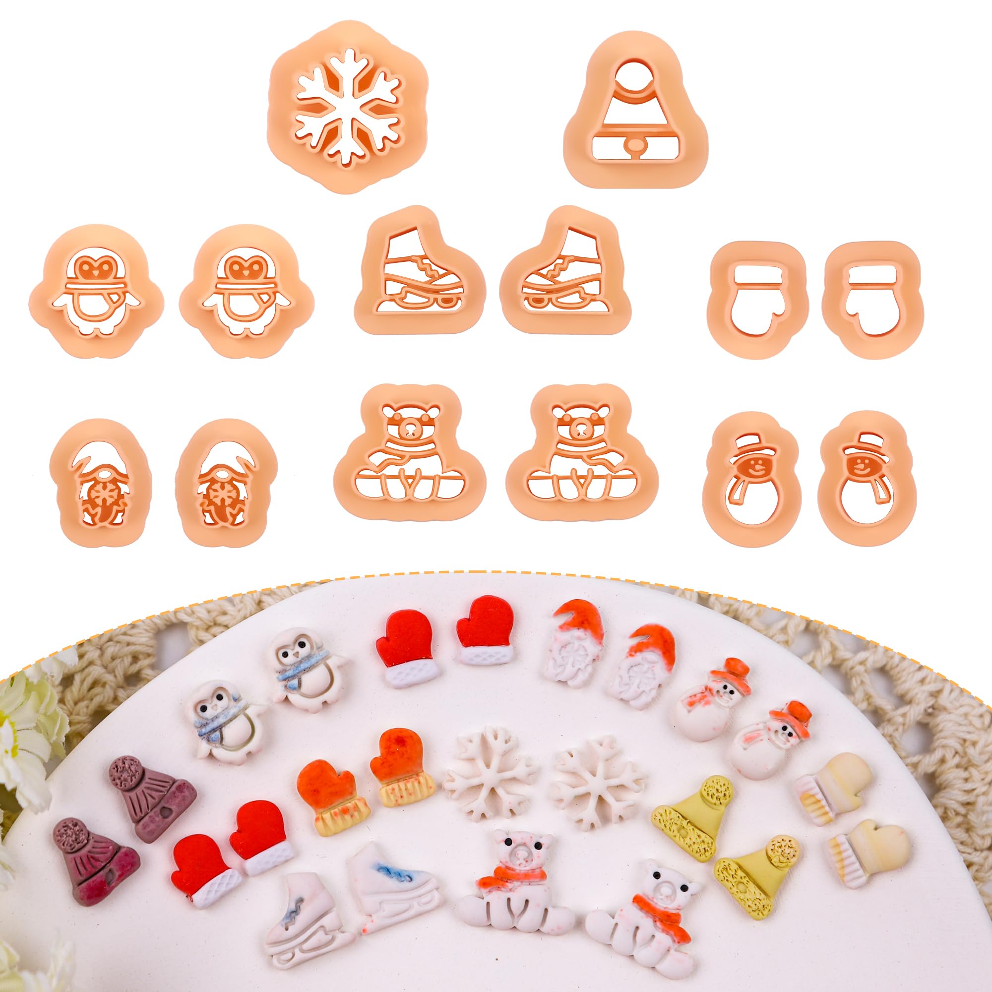 Puocaon Winter Polymer Clay Cutters - 14 Pcs Mini Clay Cutters for Polymer Clay Jewelry Making, Gnome Penguin Clay Jewelry Cutters, Snowman Snowflake Ice Skates Cutters Stud Clay Earrings Making