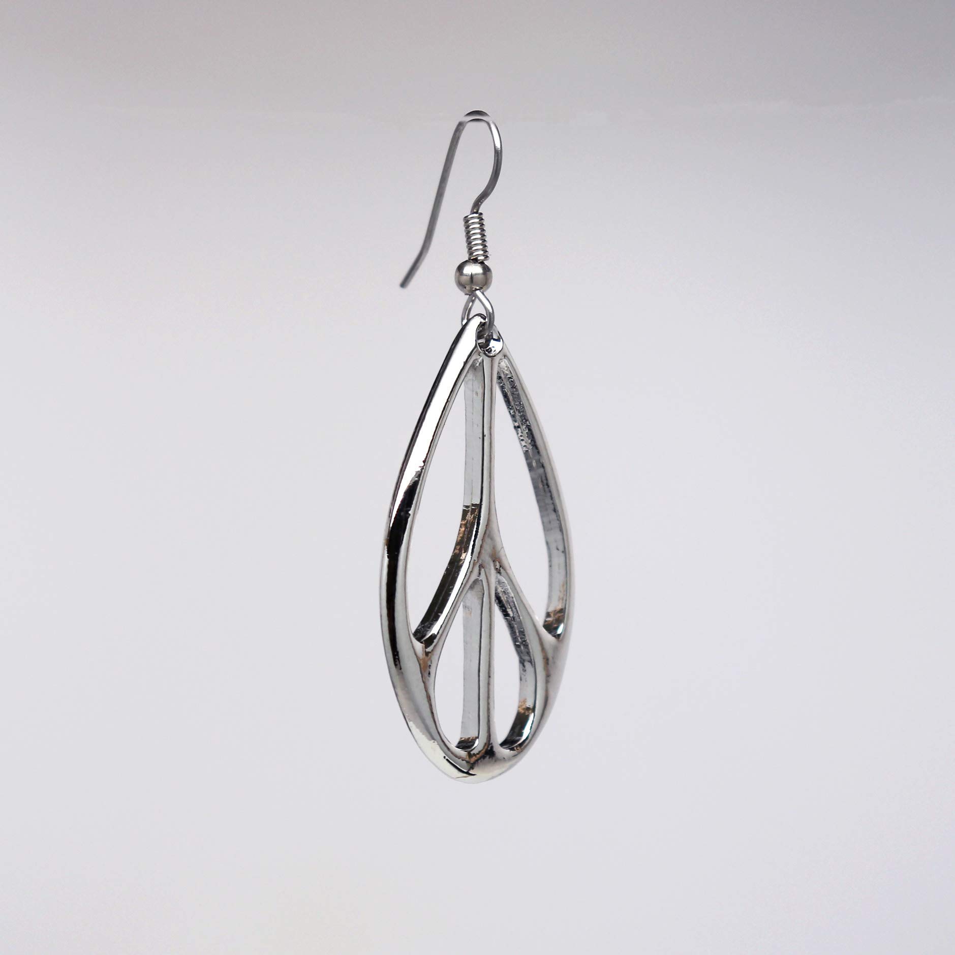 Oval Hippie Peace Sign Dangle Earrings Silver Finish Pewter