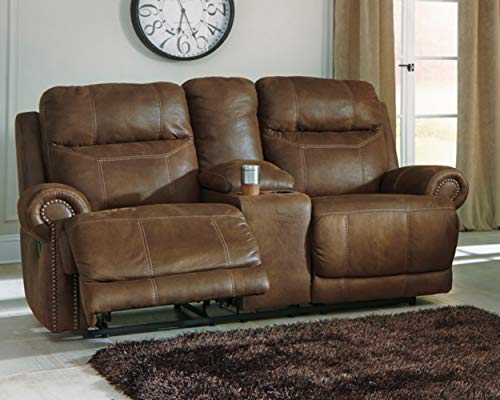 Signature Design by Ashley Austere Contemporary Double Reclining Loveseat with Nailhead Trim, Brown