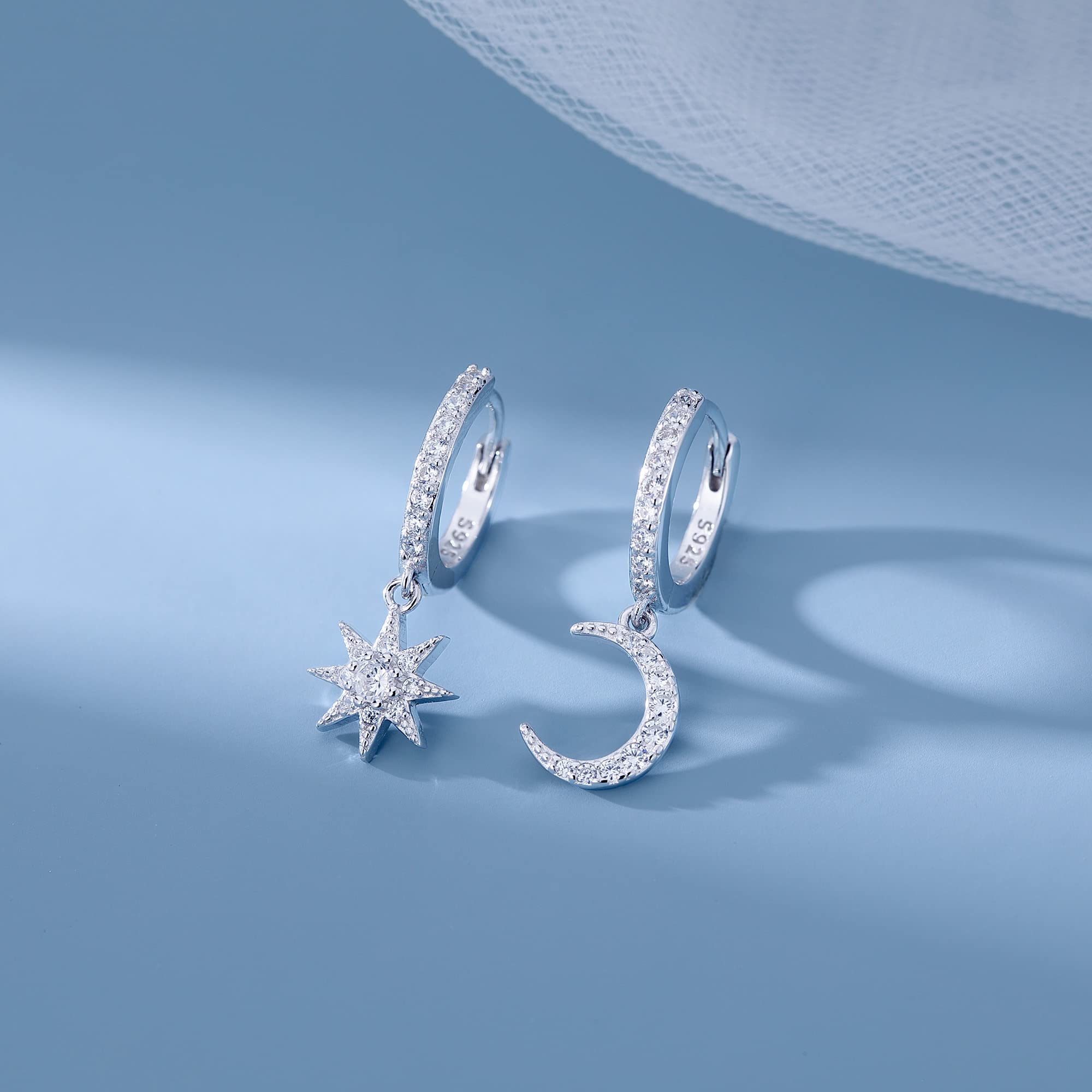 SLUYNZ 925 Sterling Silver Sparkling CZ Star Moon Small Hoop Earrings for Girls Women Asymmetric Star Moon Huggie Earrings (A-Silver)