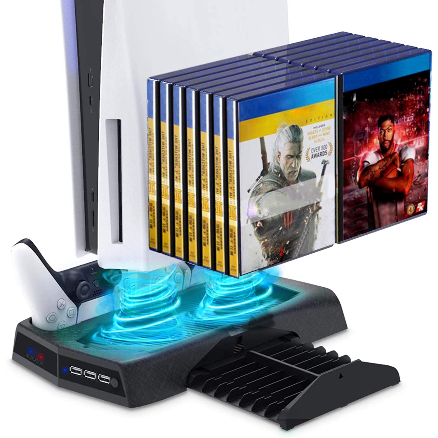 Vinonda Vertical Stand Cooling Fan Station with 14 Retractable Game Slots & Dual Controller Charging Dock & Organizer USB Ports & LED Indicators PS5 Stand for Playstation 5 Digital Edition/Ultra HD