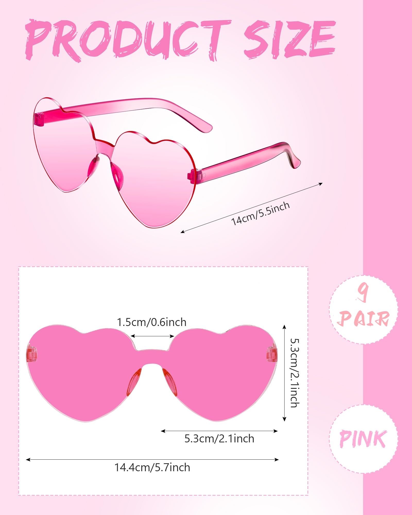 ZHANGBY 9 Pairs Heart Sunglasses Trendy Transparent Candy Color Party Hot Pink Glasses
